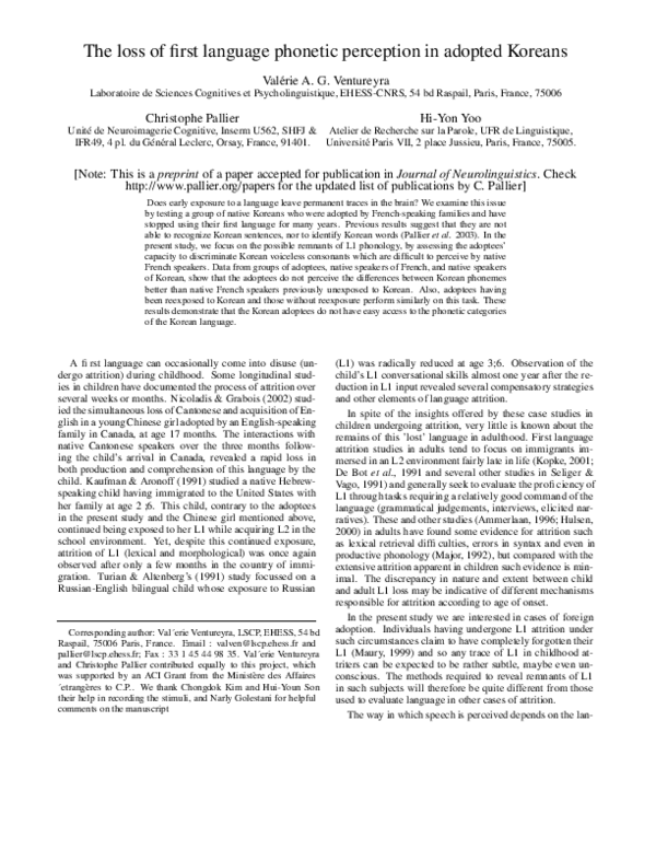 (PDF) The loss of first language phonetic perception in adopted Koreans