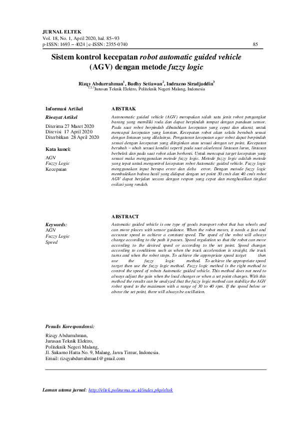 Pdf Sistem Kontrol Kecepatan Robot Automatic Guided Vehicle Agv Dengan Metode Fuzzy Logic