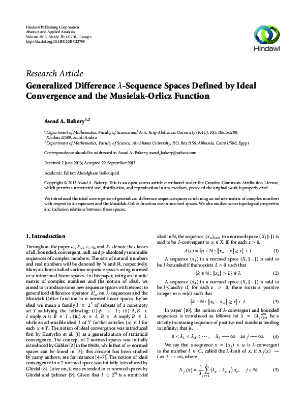 Pdf Generalized Differenceλ Sequence Spaces Defined By Ideal Convergence And The Musielak