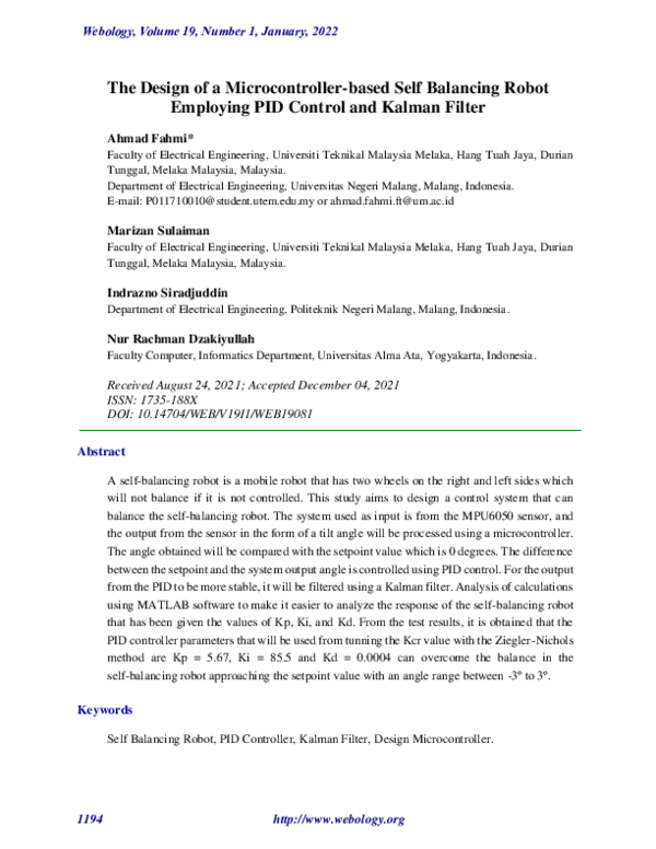 Pdf The Design Of A Microcontroller Based Self Balancing Robot Employing Pid Control And