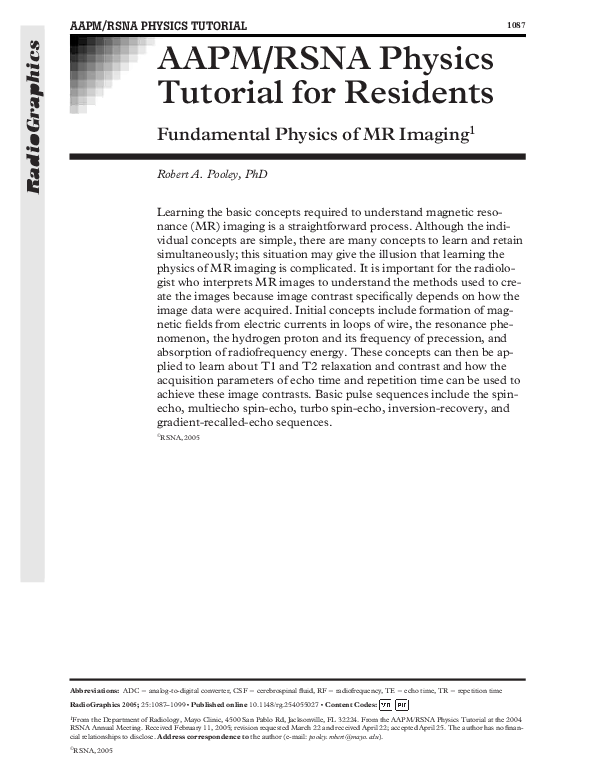 (PDF) Fundamental Physics of MR Imaging