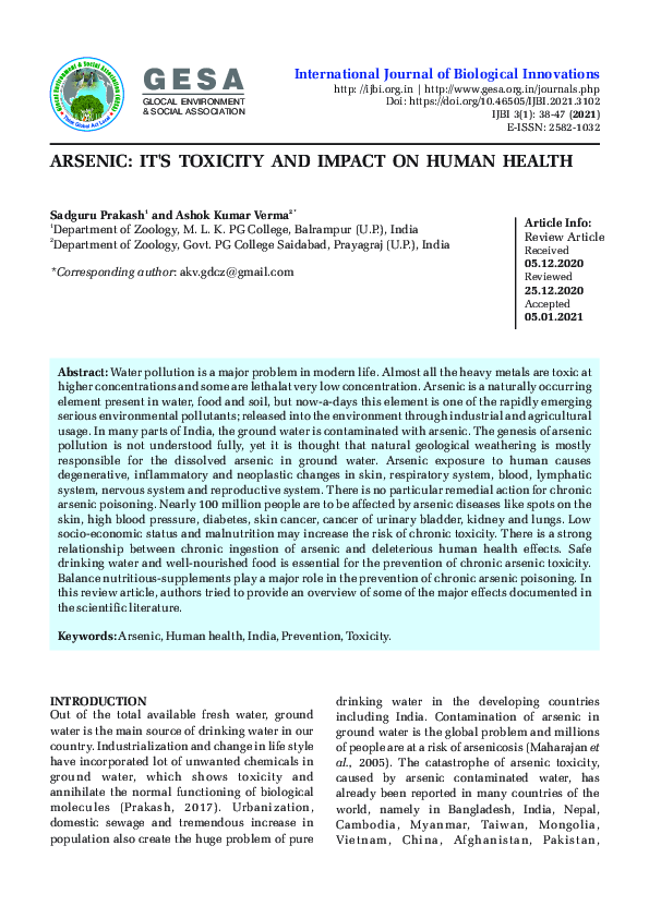 (PDF) Arsenic: It’s Toxicity and Impact on Human Health