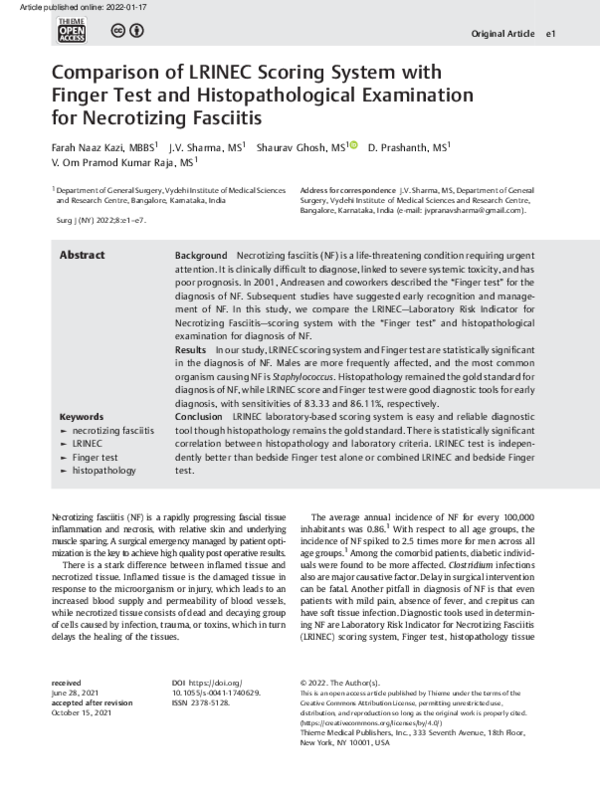 (PDF) Comparison of LRINEC Scoring System with Finger Test and ...