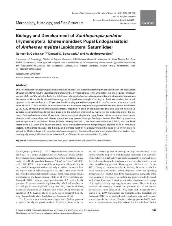 (PDF) Biology and Development of Xanthopimpla pedator (Hymenoptera ...
