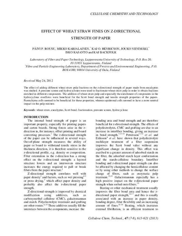 (PDF) Effect of Wheat Straw Fines on Z-Directional Strength of Paper