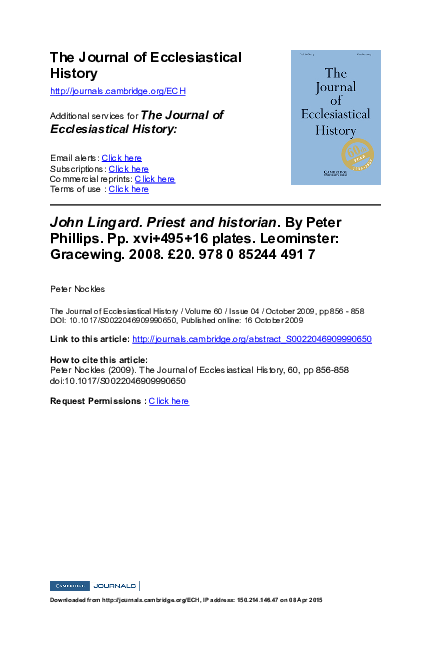 (PDF) John Lingard: Priest and Historian. By Peter Phillips