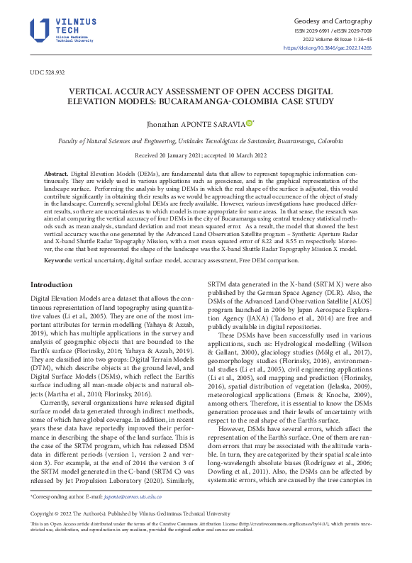 Pdf Vertical Accuracy Assessment Of Open Access Digital Elevation Models Bucaramanga Colombia