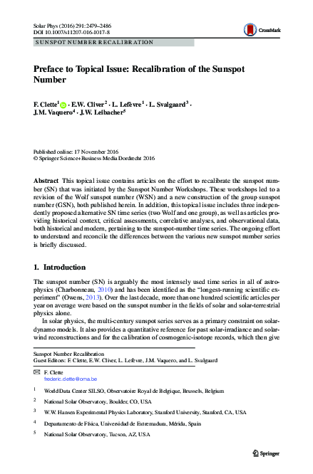 (PDF) Preface to Topical Issue: Recalibration of the Sunspot Number