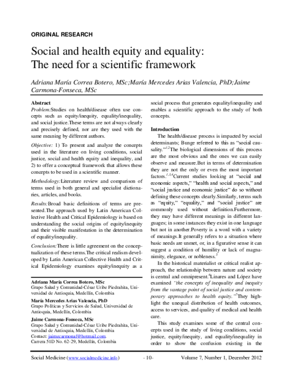 (PDF) Social and Health Equity and Equality – The Need for a Scientific ...