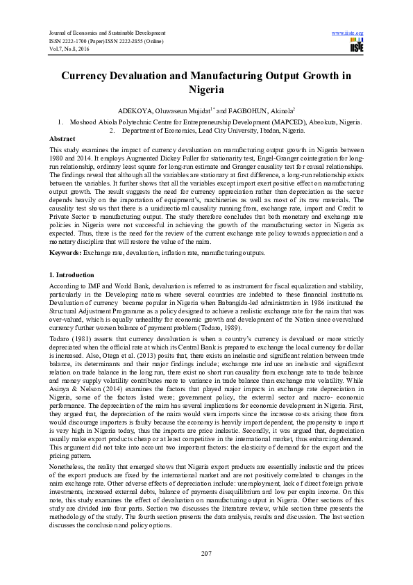 (PDF) Currency Devaluation and Manufacturing Output Growth in Nigeria