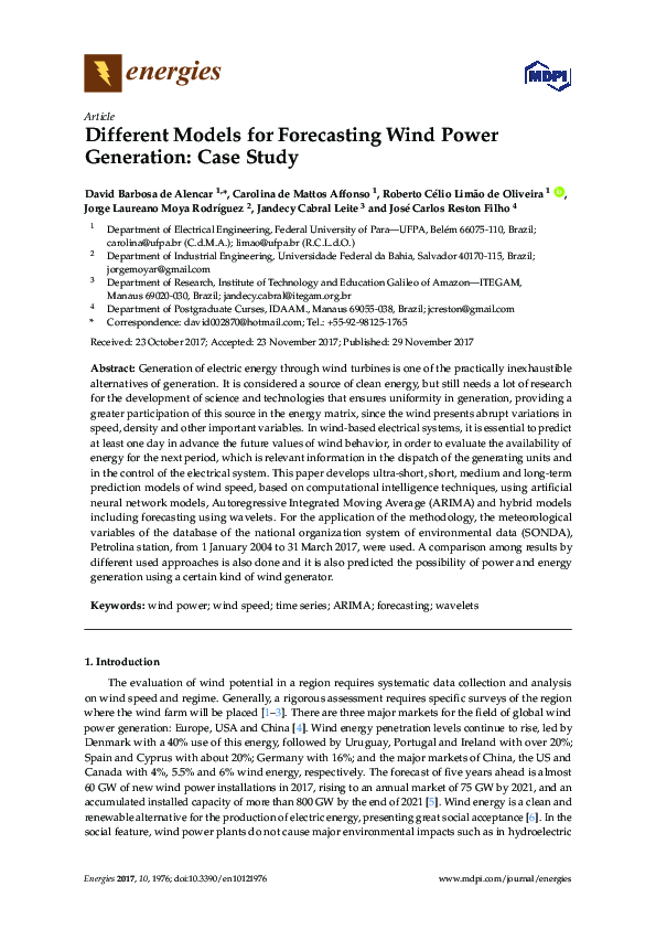 (PDF) Different Models for Forecasting Wind Power Generation: Case Study