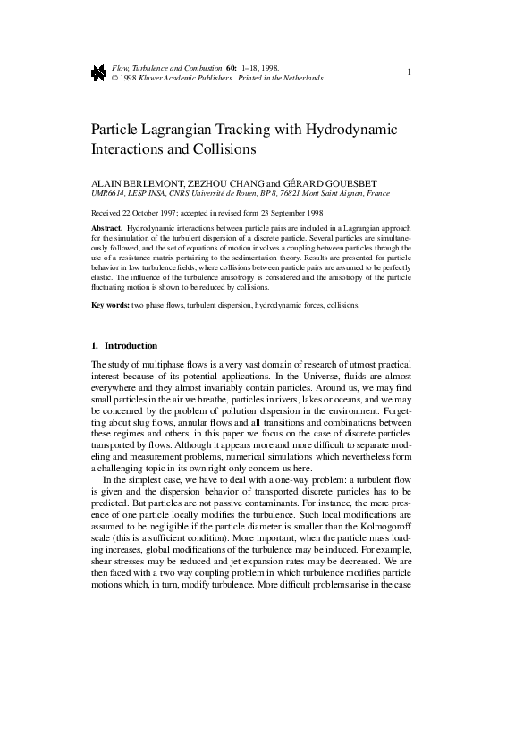 (PDF) Particle Lagrangian Tracking with Hydrodynamic Interactions and Collisions