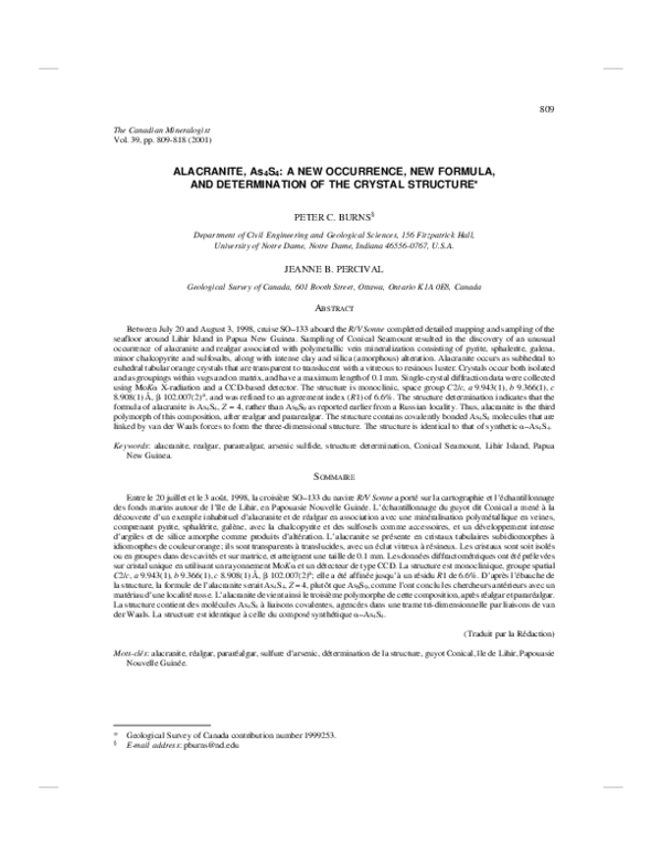 (PDF) ALACRANITE, As4S4: A NEW OCCURRENCE, NEW FORMULA, AND ...