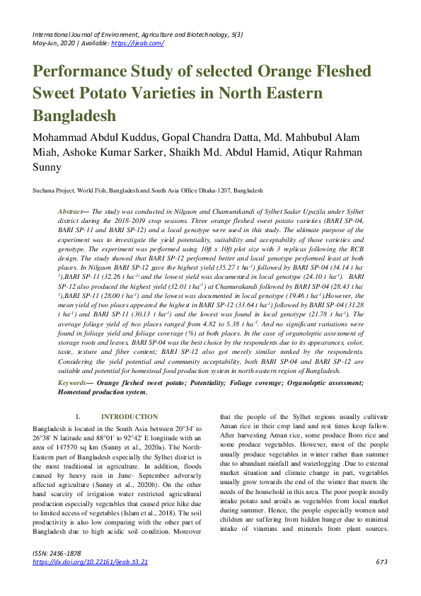 (PDF) Performance Study of selected Orange Fleshed Sweet Potato Varieties in North Eastern ...