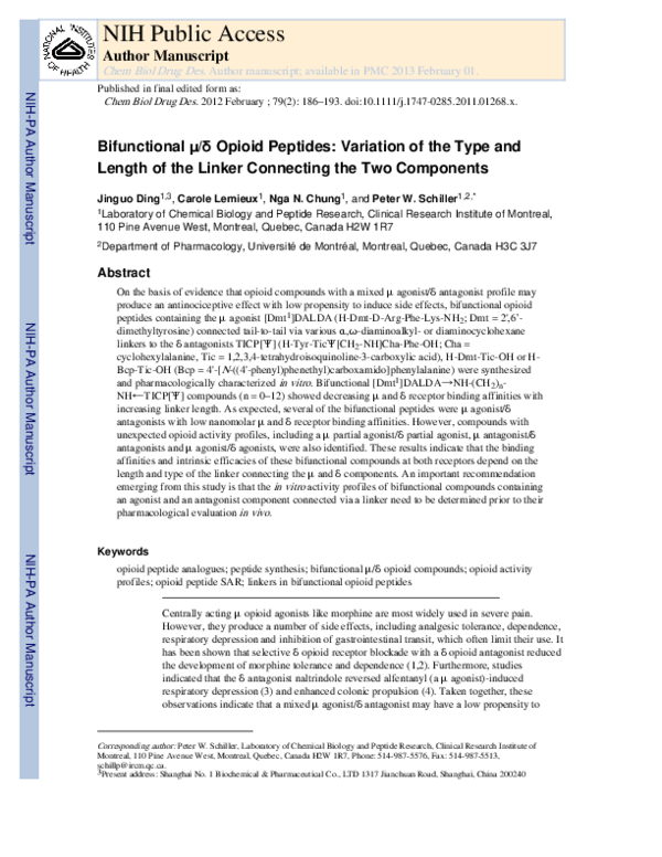(PDF) Bifunctional μ/δ Opioid Peptides: Variation of the Type and ...