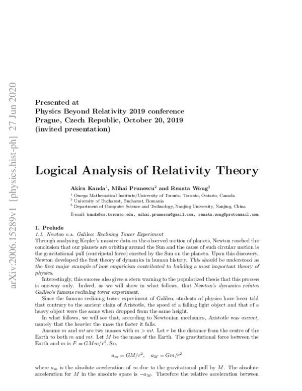 (PDF) Logical Analysis of Relativity Theory