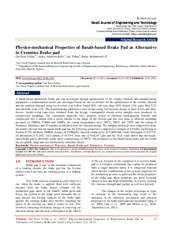 (PDF) Physico-mechanical Properties of Basalt-based Brake Pad as ...