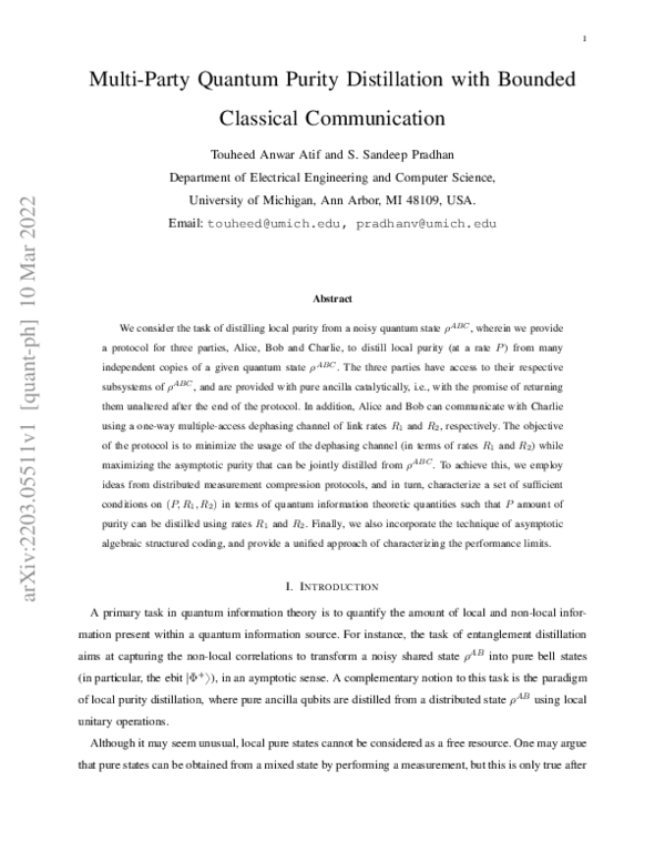 (PDF) Multi-Party Quantum Purity Distillation with Bounded Classical Communication