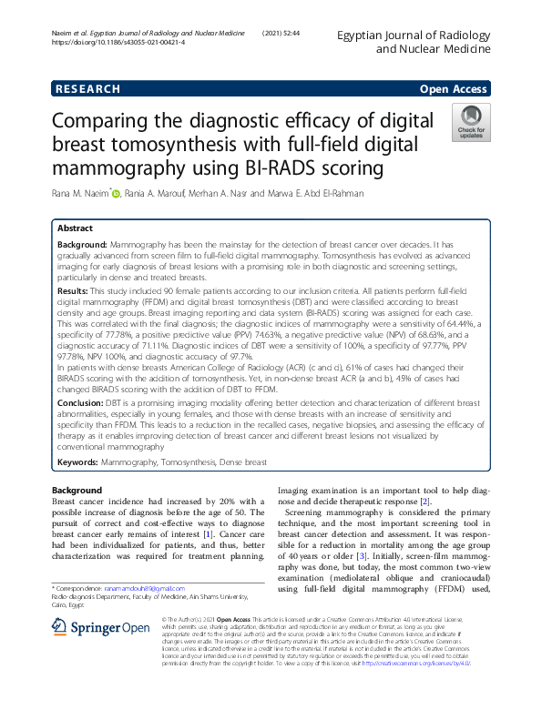 (PDF) Comparing the diagnostic efficacy of digital breast tomosynthesis with full-field digital ...