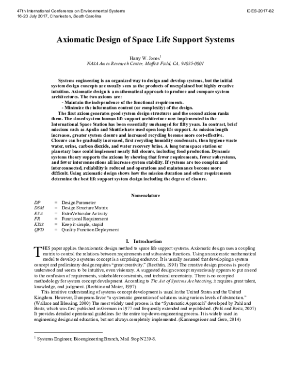 (PDF) Axiomatic Design of Space Life Support Systems
