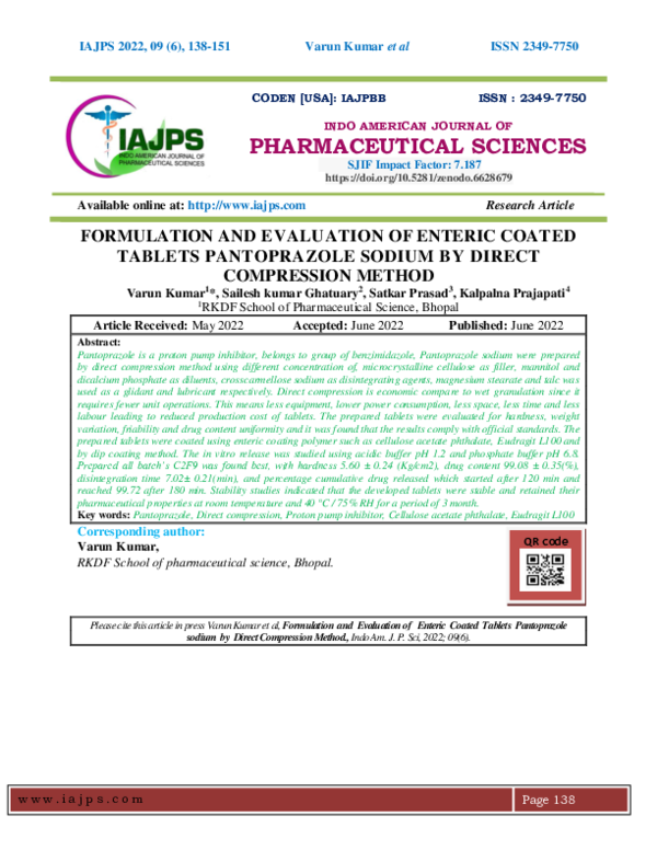 (PDF) FORMULATION AND EVALUATION OF ENTERIC COATED TABLETS PANTOPRAZOLE ...