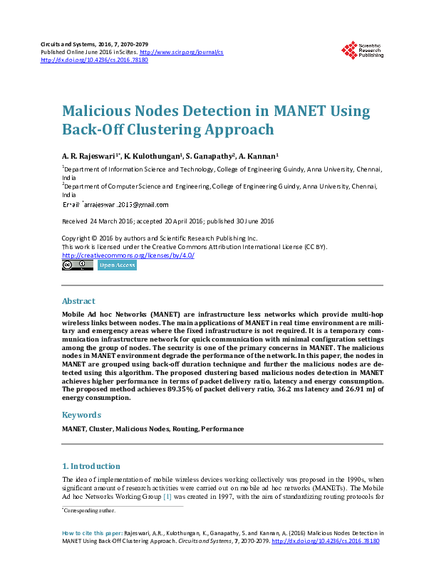 Pdf Malicious Nodes Detection In Manet Using Back Off Clustering Approach