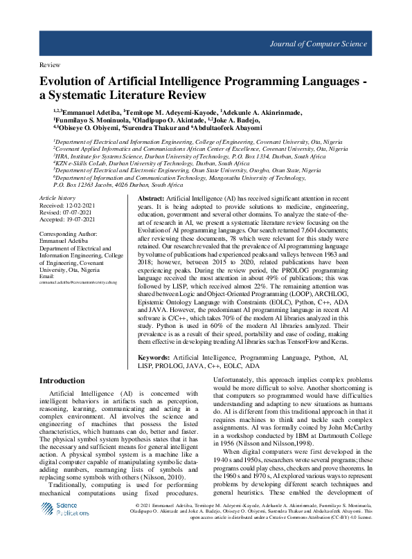 (PDF) Evolution of Artificial Intelligence Programming Languages - a ...
