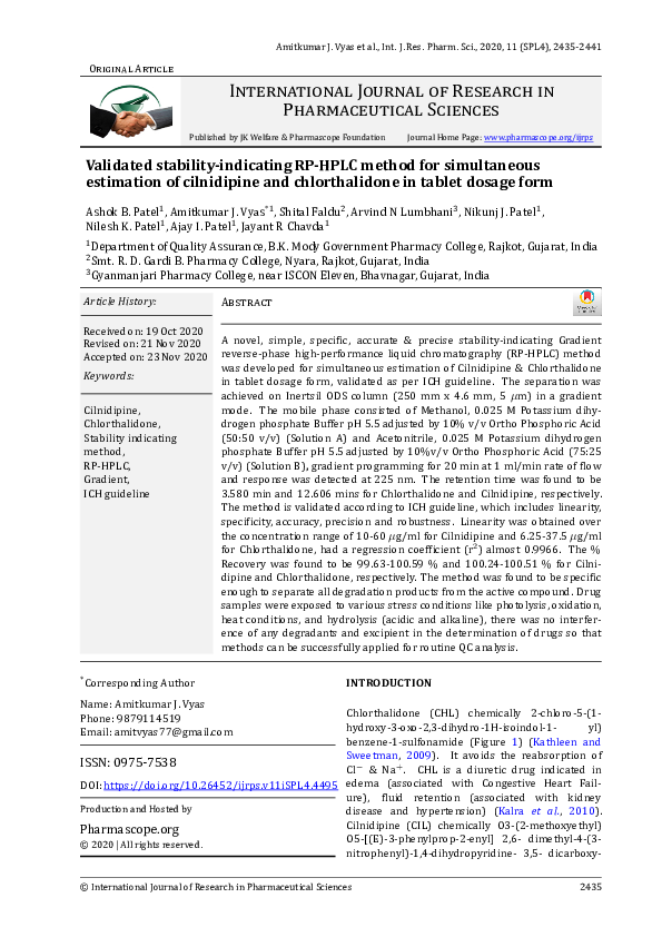 (PDF) Validated stability-indicating RP-HPLC method for simultaneous estimation of cilnidipine ...