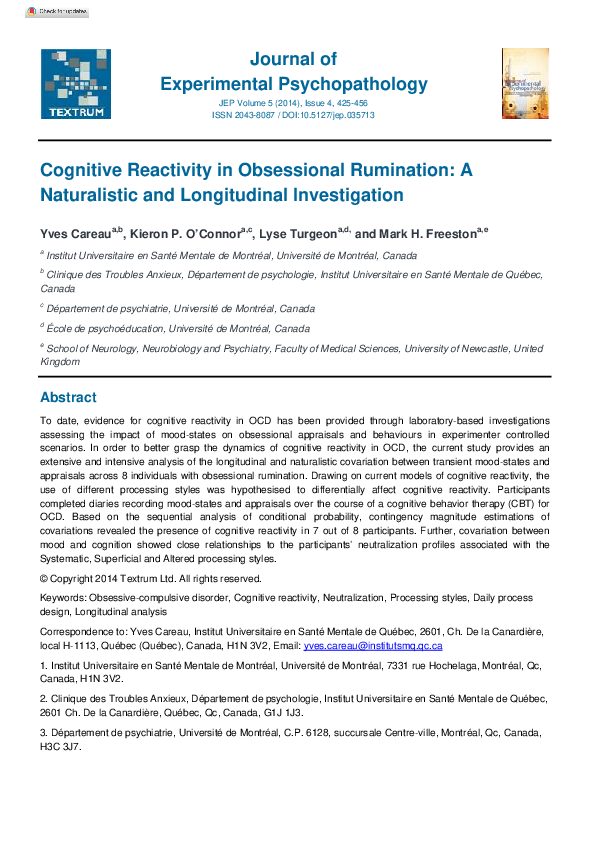 (PDF) Cognitive Reactivity in Obsessional Rumination: A Naturalistic ...