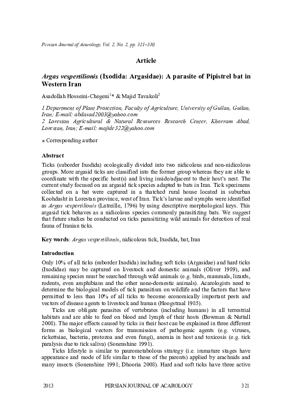 (PDF) Argas vespertilionis (Ixodida: Argasidae): A parasite of ...