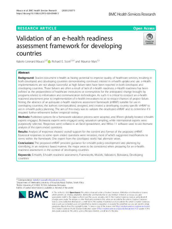 (PDF) Validation of an e-health readiness assessment framework for developing countries
