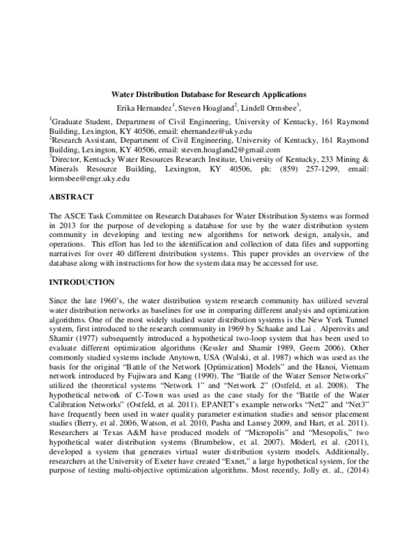 (PDF) Water Distribution Database for Research Applications