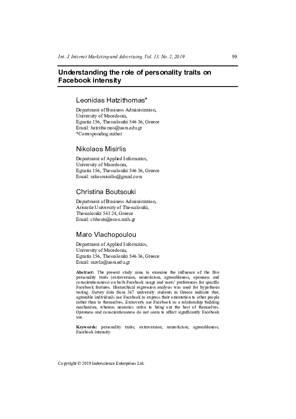(PDF) Understanding the role of personality traits on Facebook intensity