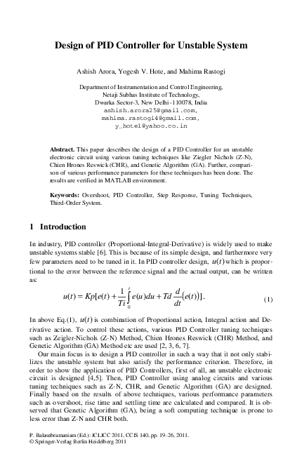 (PDF) Design of PID Controller for Unstable System