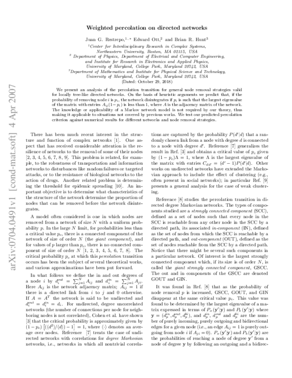 (PDF) Weighted Percolation on Directed Networks