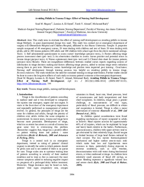 (PDF) Avoiding Pitfalls In Trauma Triage: Effect Of Nursing Staff Development