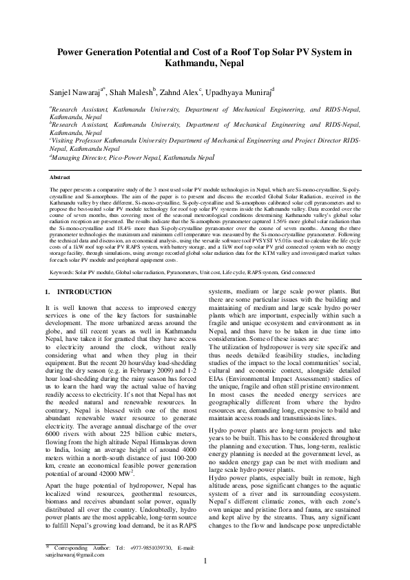 (PDF) Power Generation Potential and Cost of a Roof Top Solar PV System ...