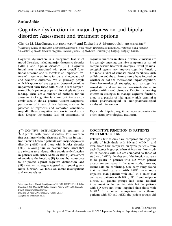 (PDF) Cognitive dysfunction in major depression and bipolar disorder: Assessment and treatment ...