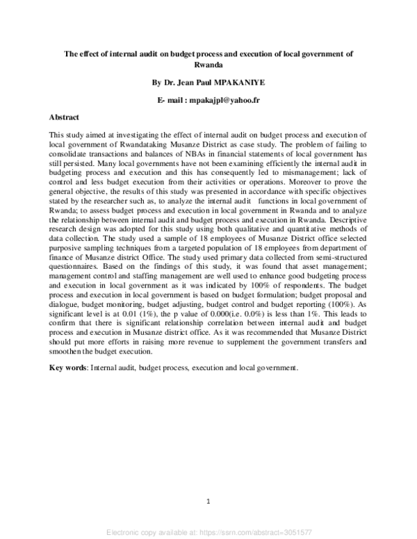 (PDF) The Effect of Internal Audit on Budget Process and Execution of Local Government of Rwanda