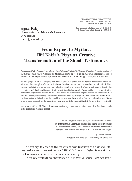 (PDF) From Report to Mythus. Jiří Kolář’s Plays as Creative ...