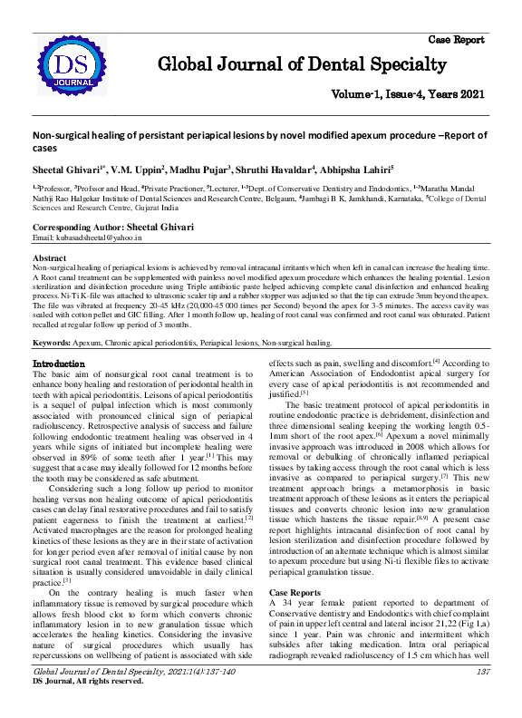 (PDF) Non-surgical healing of persistant periapical lesions by novel ...