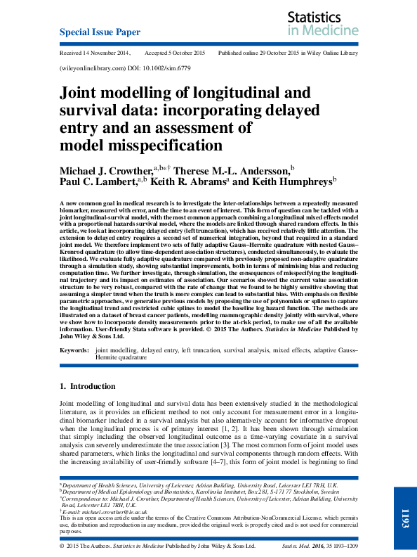 (PDF) Joint modelling of longitudinal and survival data: incorporating delayed entry and an ...