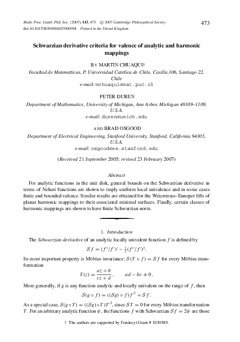 (PDF) Schwarzian derivative criteria for valence of analytic and harmonic mappings | Brad Osgood ...