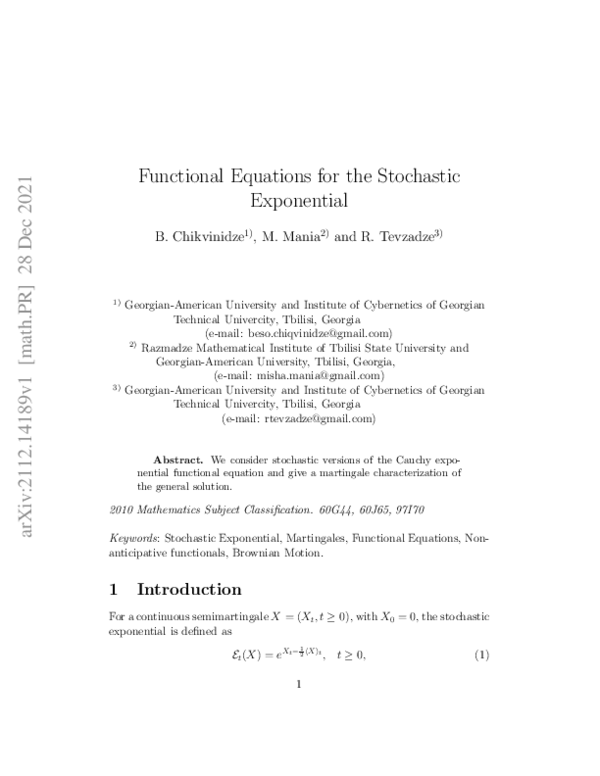 (PDF) Functional Equations for the Stochastic Exponential