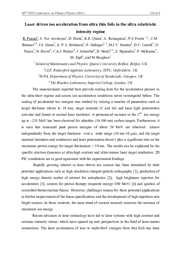 (PDF) Laser driven ion acceleration from ultra thin foils in the ultra relativistic intensity regime
