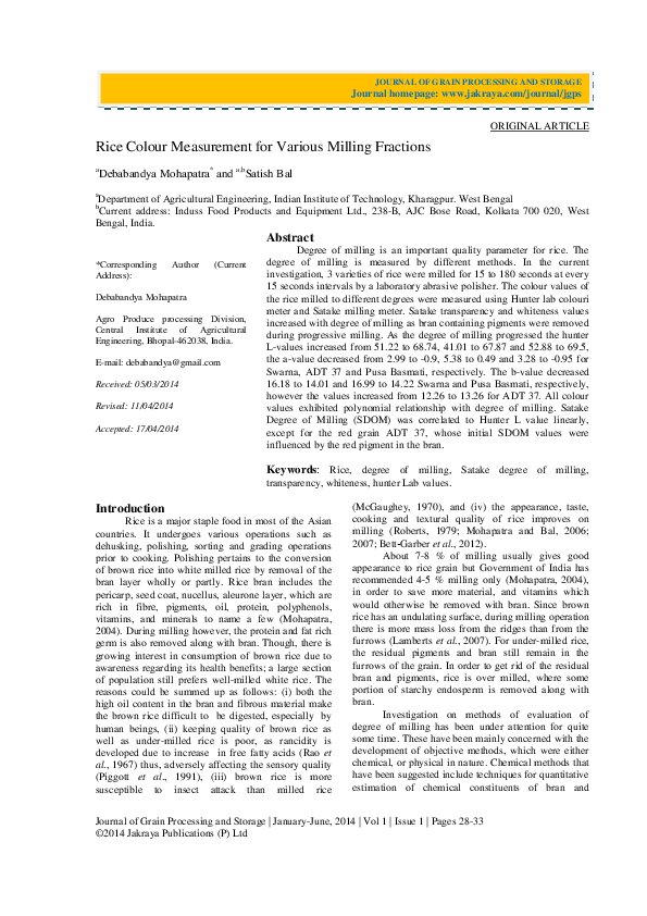 (PDF) Rice Colour Measurement for Various Milling Fractions