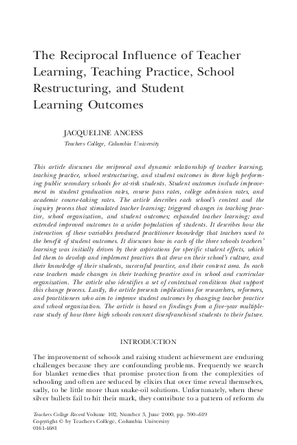 (PDF) The Reciprocal Influence of Teacher Learning, Teaching Practice ...