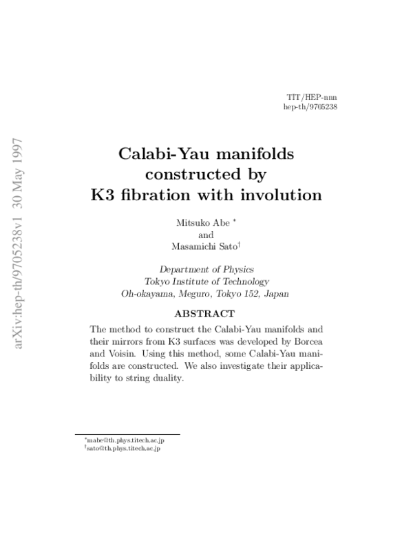 (PDF) Calabi-Yau manifolds constructed by K3 fibration with involution