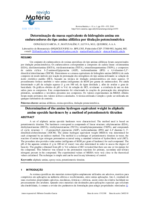 (PDF) Determinação da massa equivalente de hidrogênio amina em ...