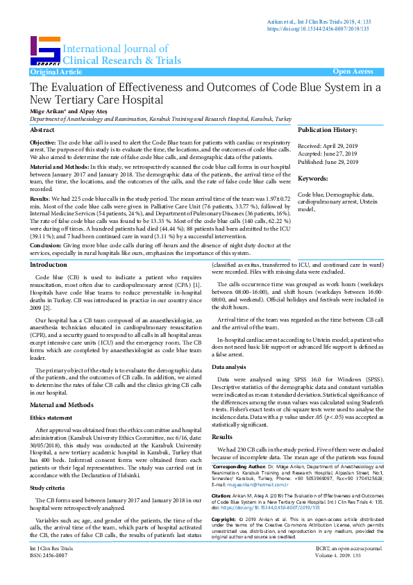 (PDF) The Evaluation of Effectiveness and Outcomes of Code Blue System ...